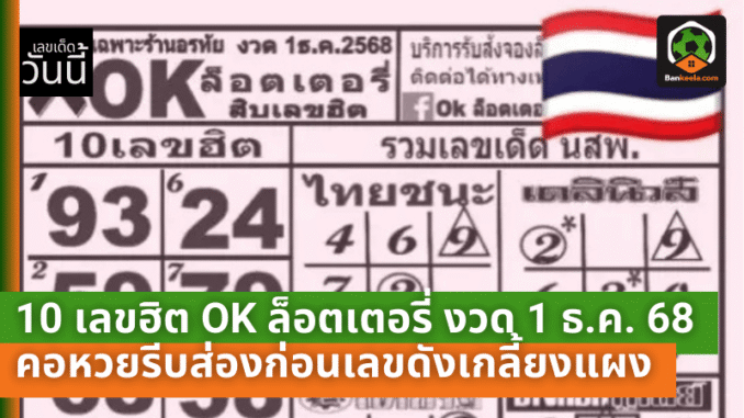 10 เลขฮิต OK ล็อตเตอรี่ งวด 1 ธ.ค. 68 คอหวยห้ามหลับ! รีบส่องก่อนเลขดัง ...